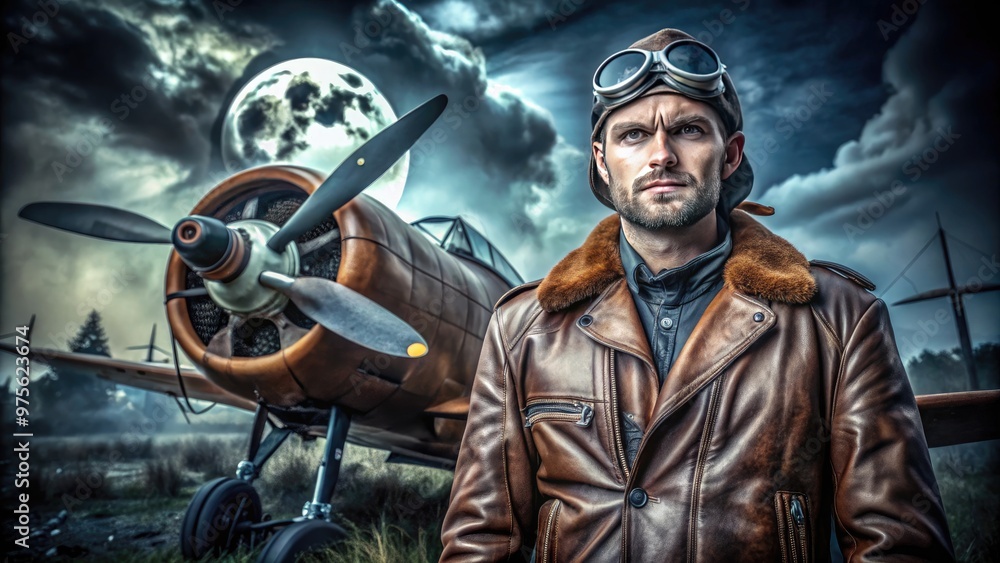 A vintage-style pilot dressed in a brown leather jacket and goggles ...