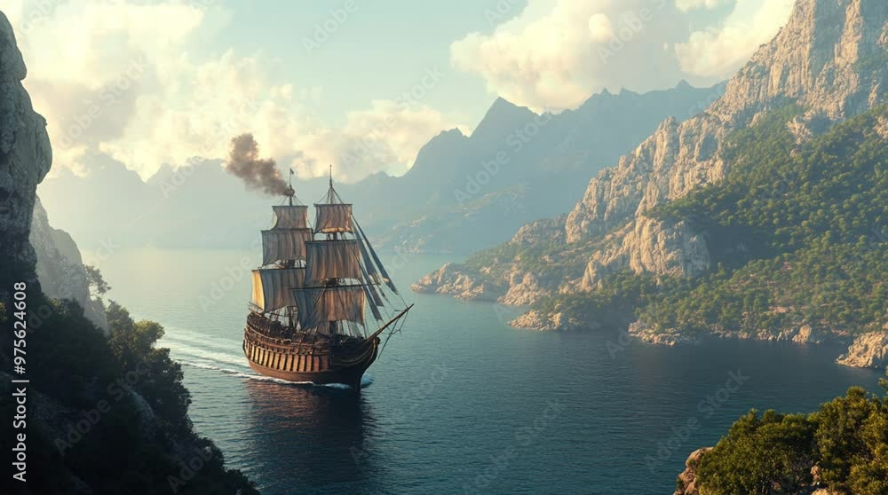 Majestic galleon sailing on the ocean near rocky cliff mountain ...