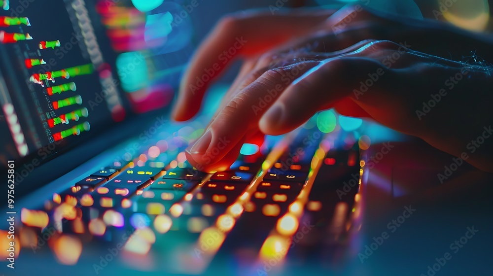 A focused programmer's hands tapping on a laptop touchpad while ...