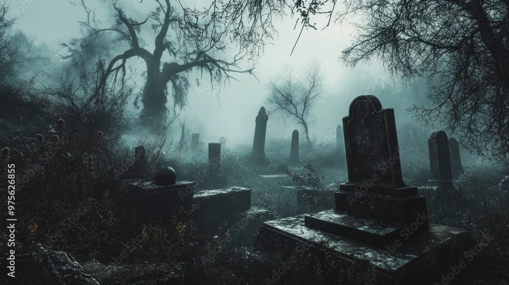 Foggy graveyard at dusk with ancient tombstones and eerie atmosphere ...