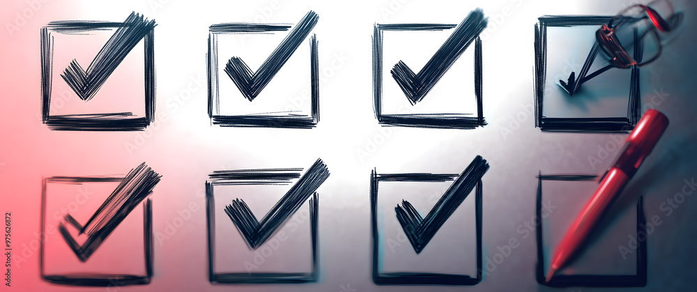 A set of modern illustration symbols that represent check boxes, exam ...