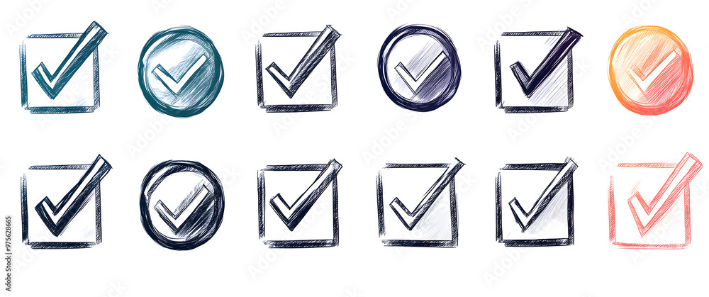 A set of modern illustration symbols that represent check boxes, exam ...