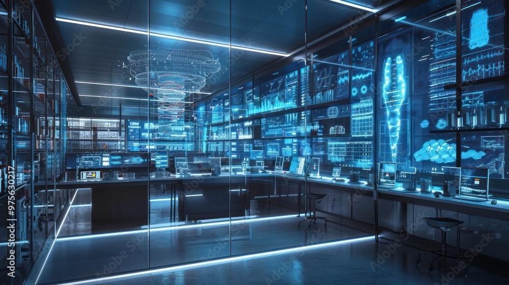 Cutting edge futuristic technology control room with holographic data ...