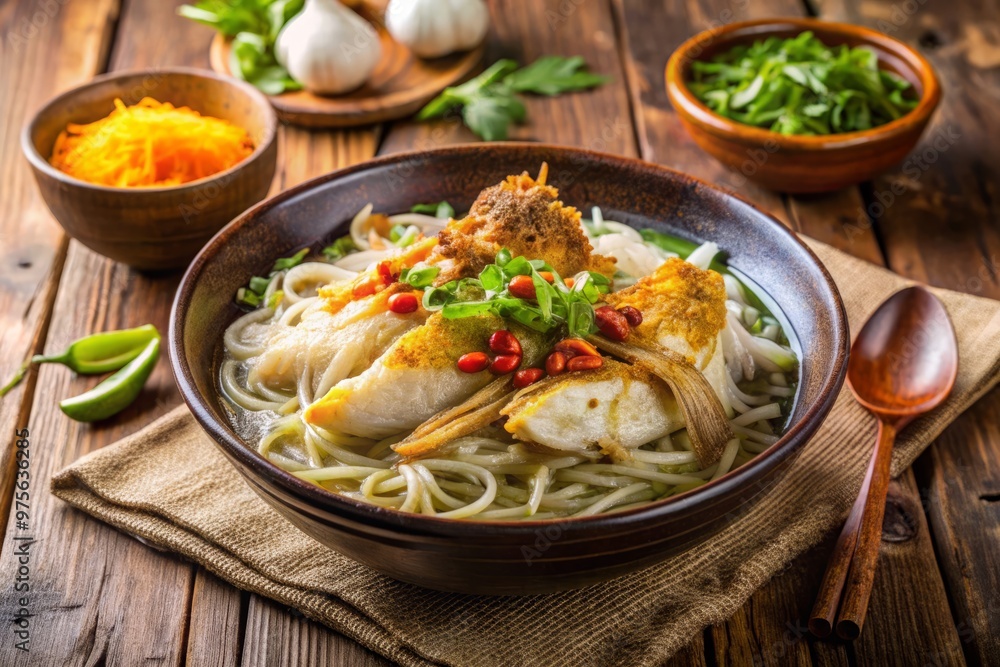 Steaming hot bowl of Myanmar's national dish Mohinga, featuring fish ...