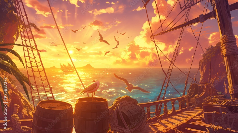 Pirate ship anchored near a tropical island, the deck littered with ...