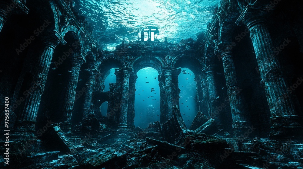 Sunken ruins deep beneath the ocean, illuminated by soft blue light ...