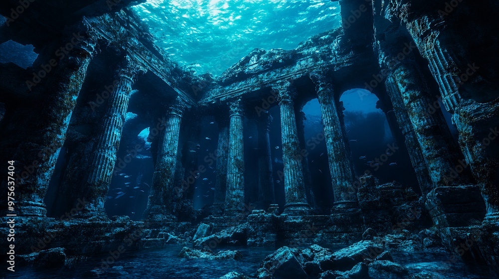 Sunken ruins deep beneath the ocean, illuminated by soft blue light ...
