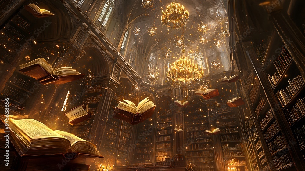 A magical academy's grand library filled with floating books and ...