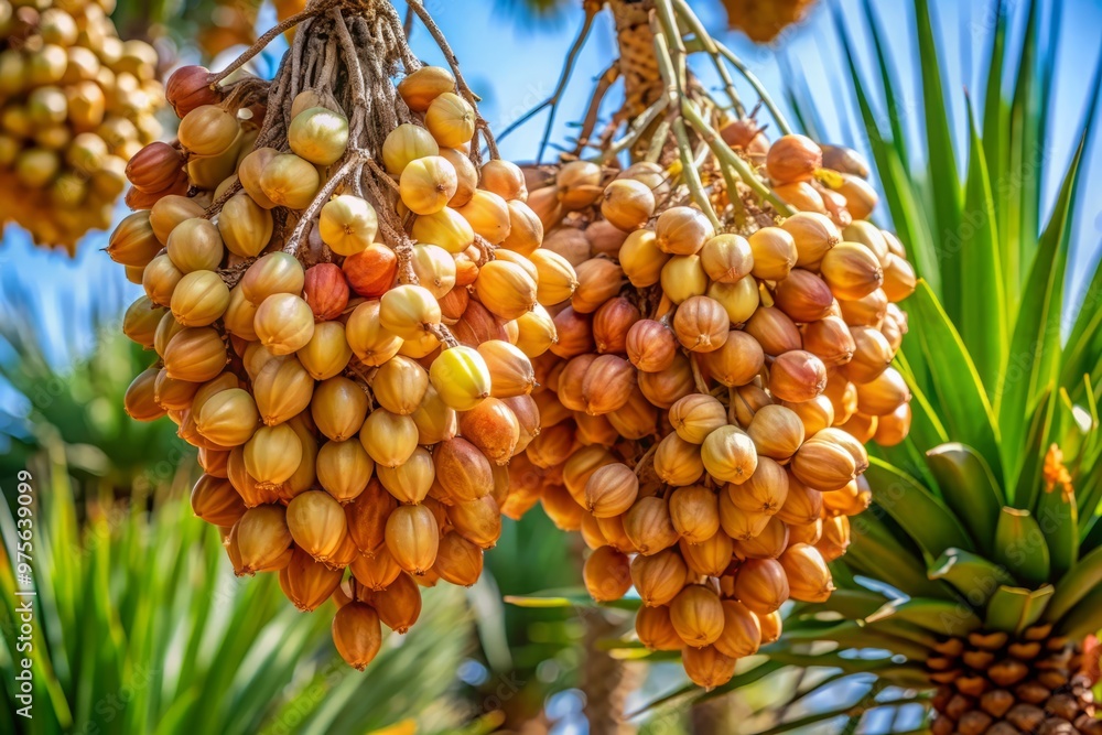 A cluster of soaptree yucca fruit, also known as soapberries, hanging from a stem, with ...
