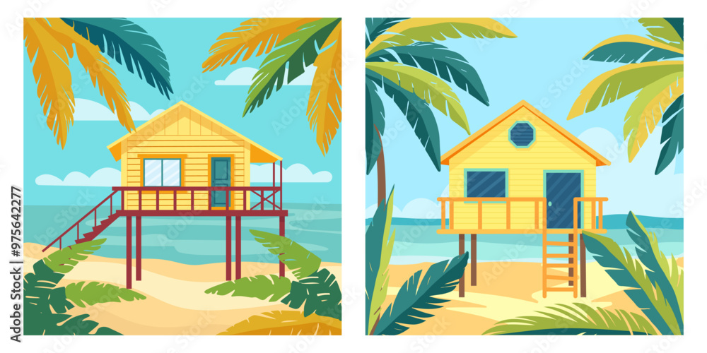 Cartoon beach house. Shack house on beachfront, bungalow country ...