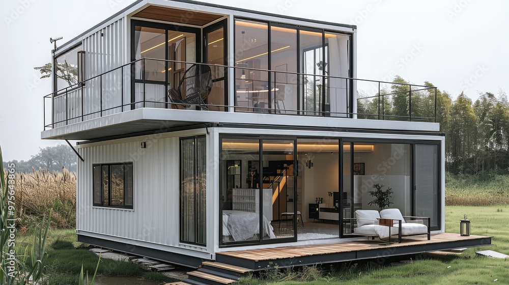 A two-story container house with a steel frame structure design, glass ...