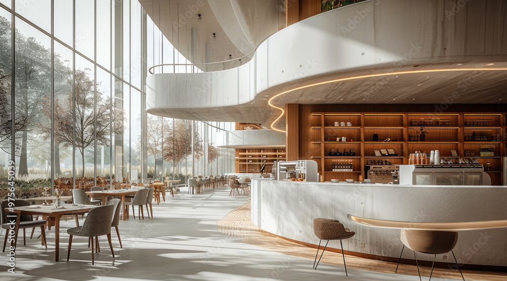 Indoor cafe lounge space with circular light gray concrete elements ...