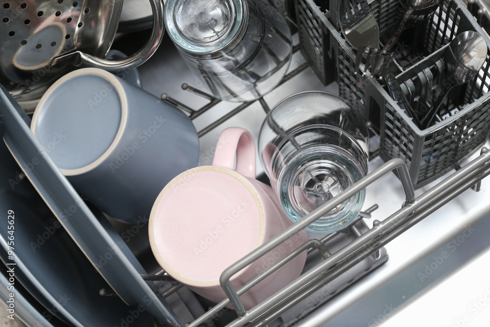 Inside dishwasher view. Washing dishes background. Full shelf with load ...