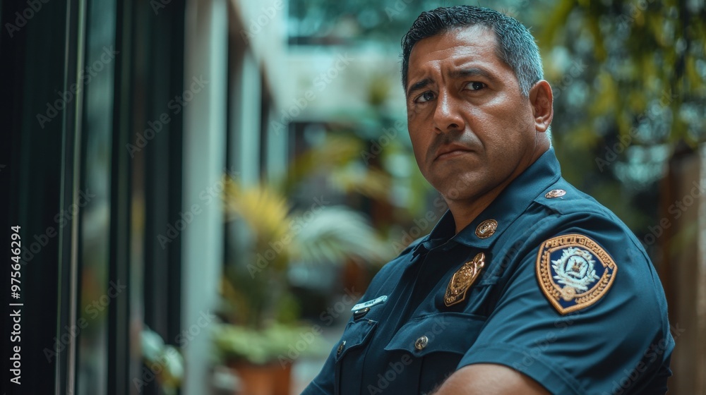 Middle aged latino man in his 30s dressed in a security guard uniform ...