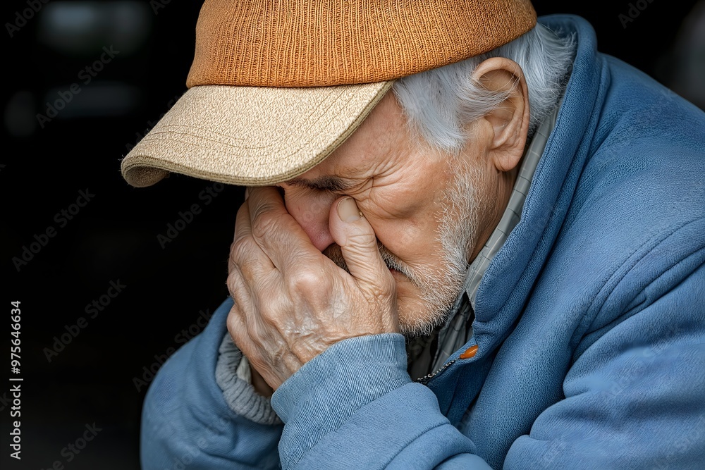 Old elderly man crying, in distress, upset holding hand up his face ...