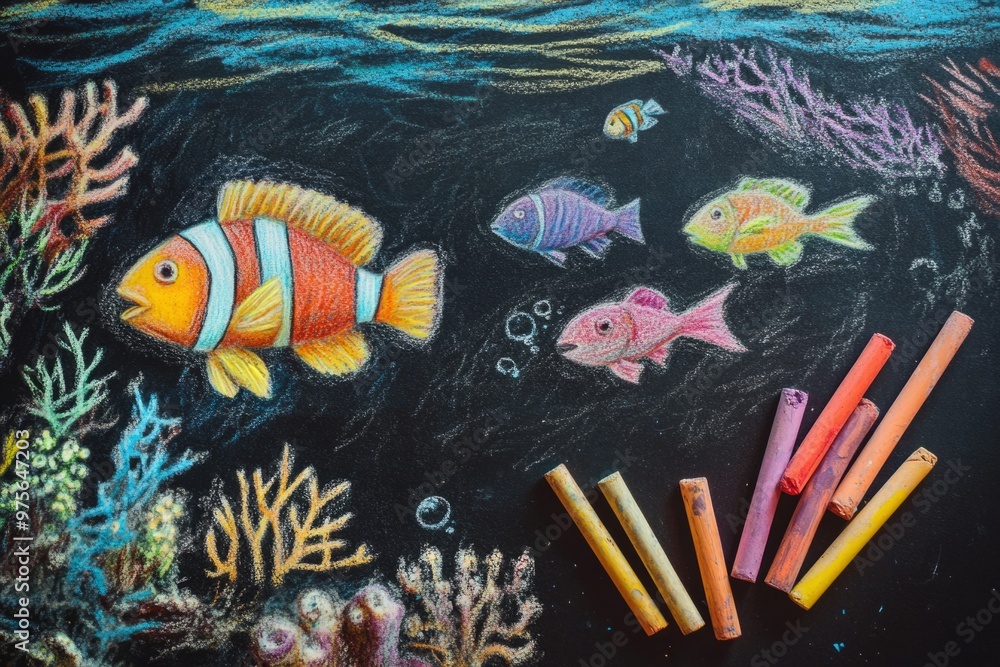 Colorful chalk drawing of vibrant fish swimming in a coral reef. This ...
