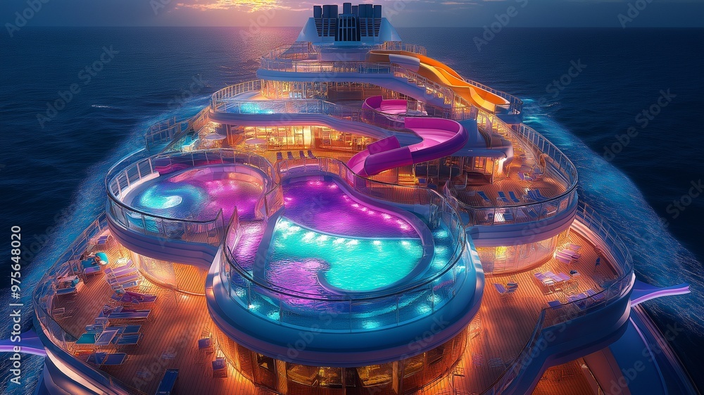 Top deck of a cruise ship featuring a swimming pool, water slide, and ...