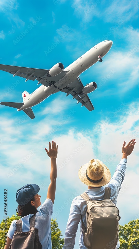 Two travelers wave goodbye to a plane taking off in the sky. Stock ...