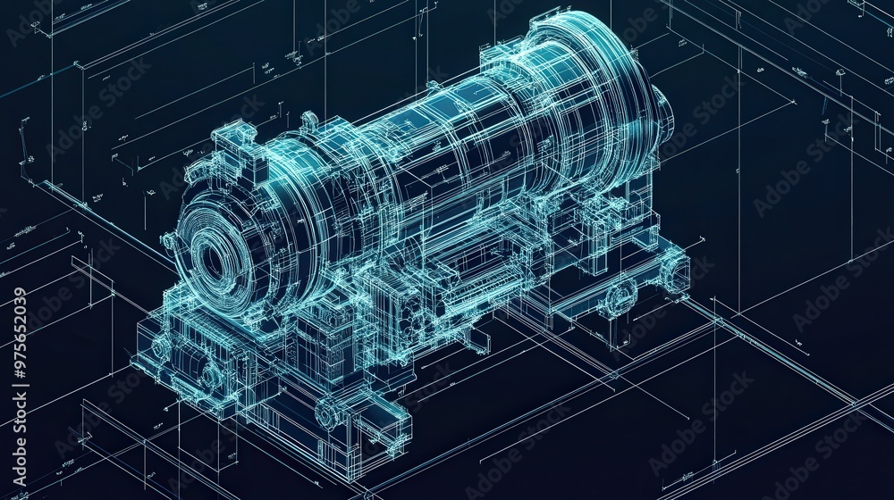 Vector rendering of a hydraulic pump in wire-frame style with distinct ...
