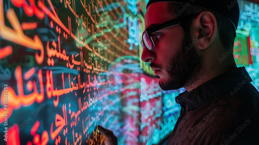 Portrait of an Arab programmer deeply engaged in coding on a large curved monitor with detailed ...