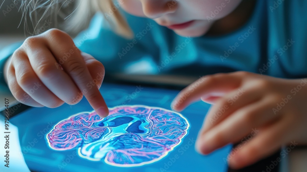 Child exploring brain development diagram on touchscreen, engaged ...