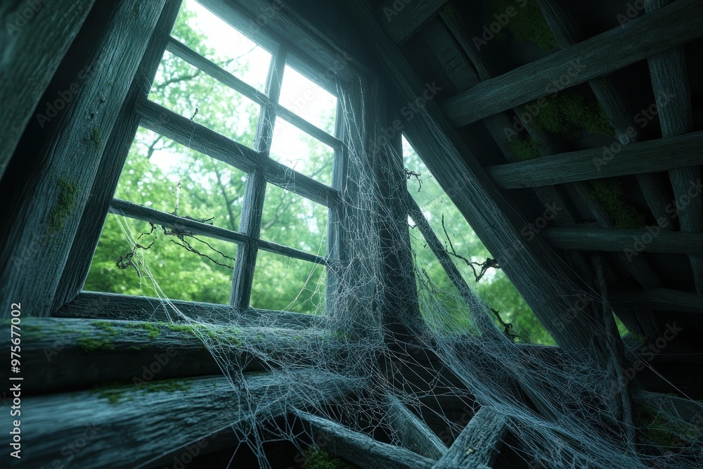 Eerie Attic Window with Cobwebs, Abandoned Room, Spooky Textures, Haunted House, Old Window ...