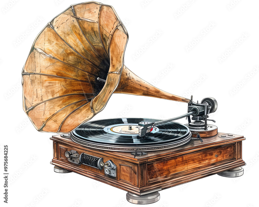 Vintage gramophone with wooden design, classic record player creating a ...