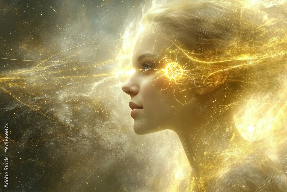 Ethereal side profile of a person surrounded by golden glowing energy ...