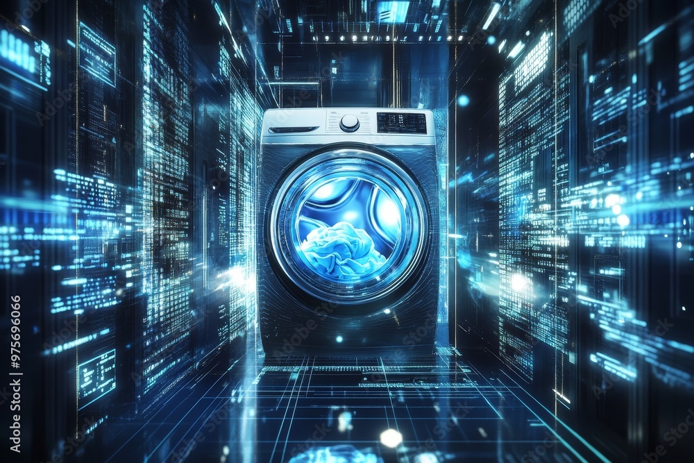 Futuristic washing machine surrounded by holographic laundry in a ...