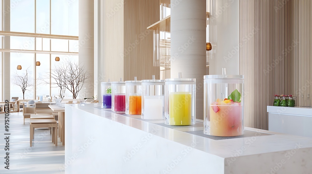 A modern juice bar with transparent blending stations and glowing drink ...