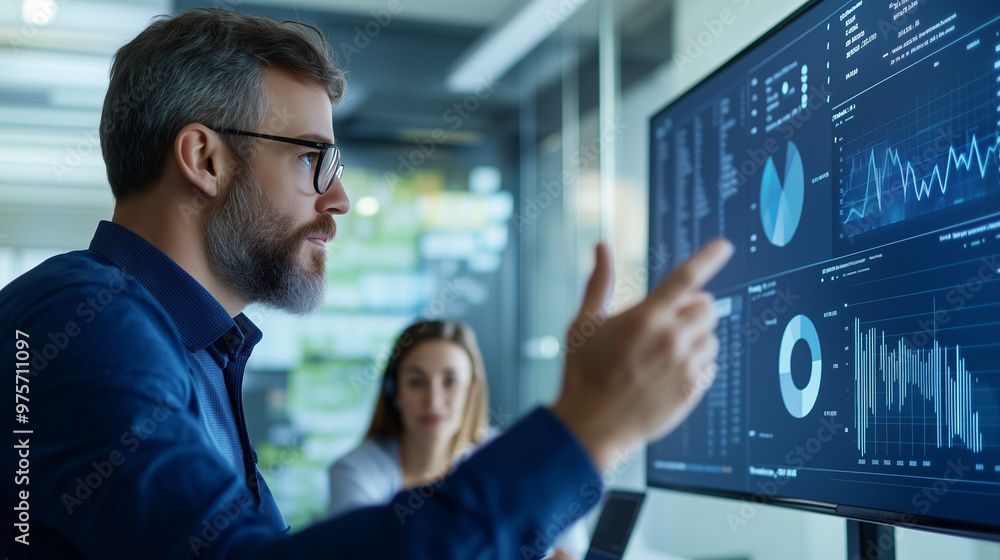 A data analyst presenting a report in a meeting room, with a large ...