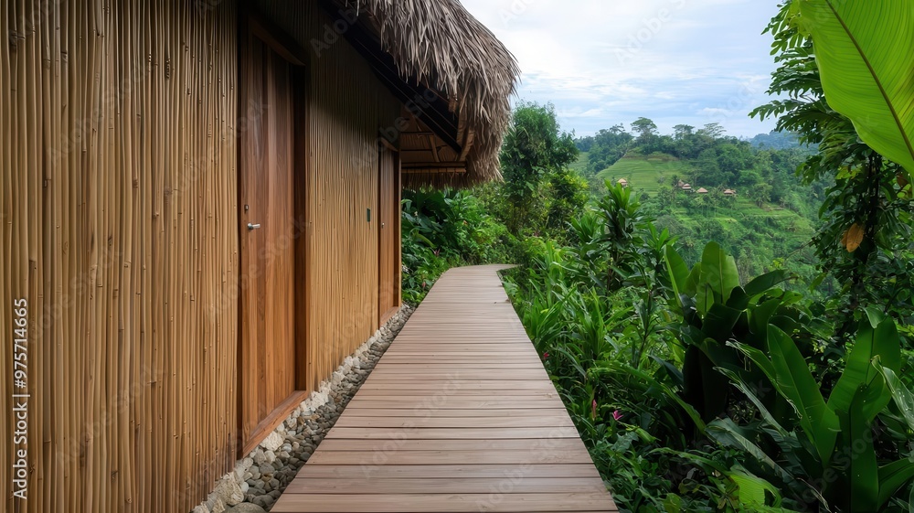 Bamboo ecolodge nestled in rice terraces, with thatched roofs and ...