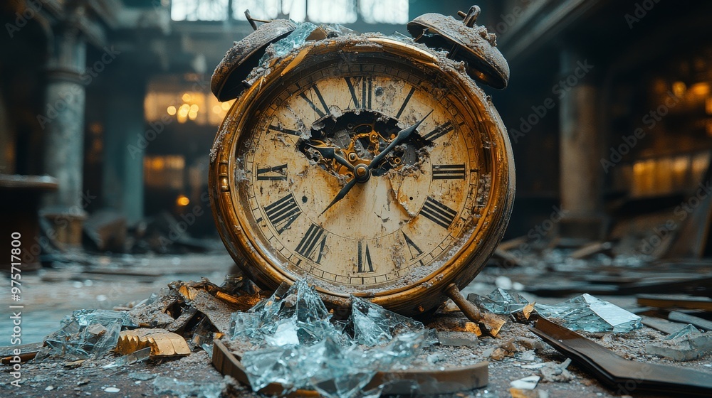 Old, shattered alarm clock amidst debris and broken glass, set in a ...