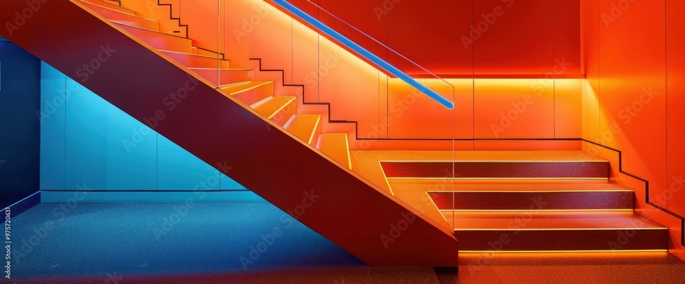 Bold orange Scandinavian stairs with integrated neon blue lighting ...