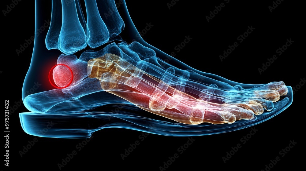 This image shows a digital x-ray of a foot with a highlighted painful ...