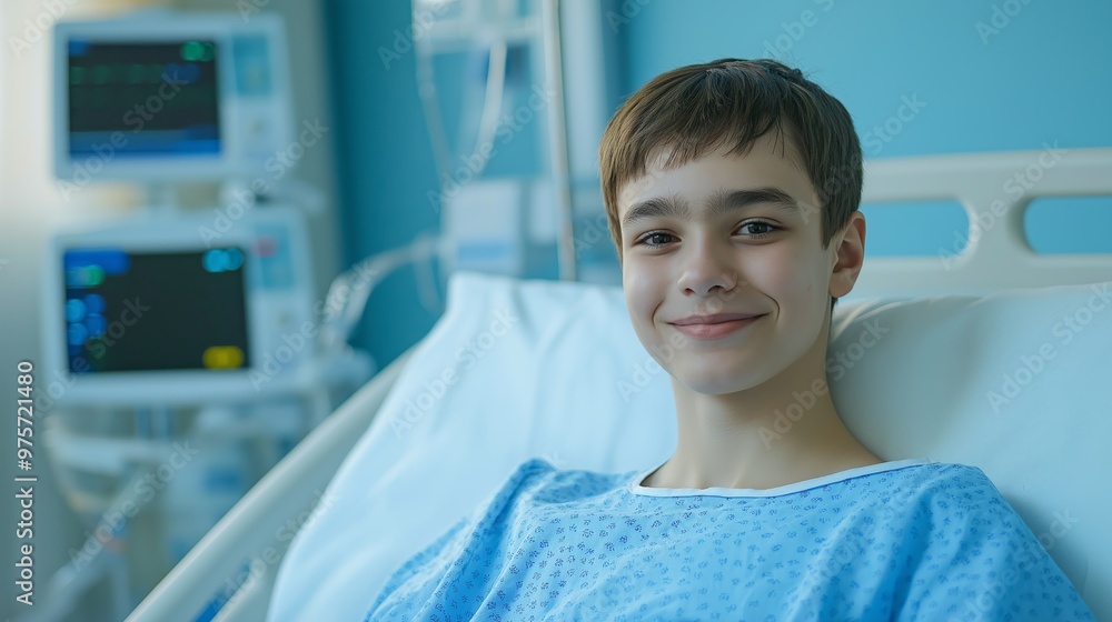 Teenage Boy in Hospital Bed with Medical Equipment Monitors in ...