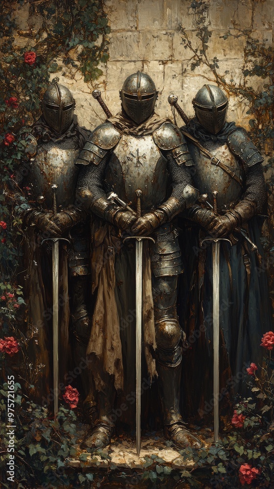 Three armored knights stand side by side, holding swords upright ...
