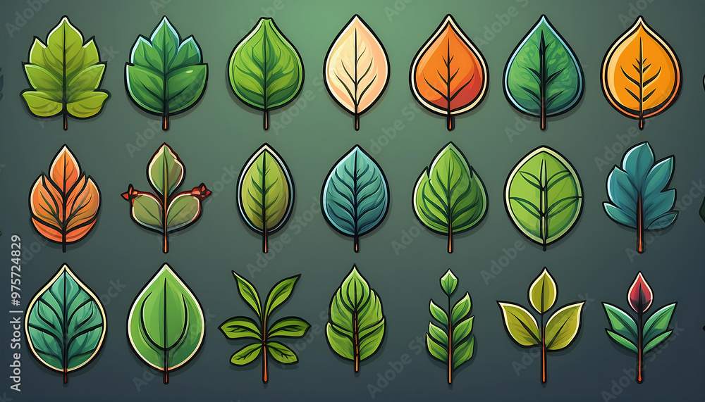 Leaf icon set, featuring various tree and plant leaves in line and fill ...