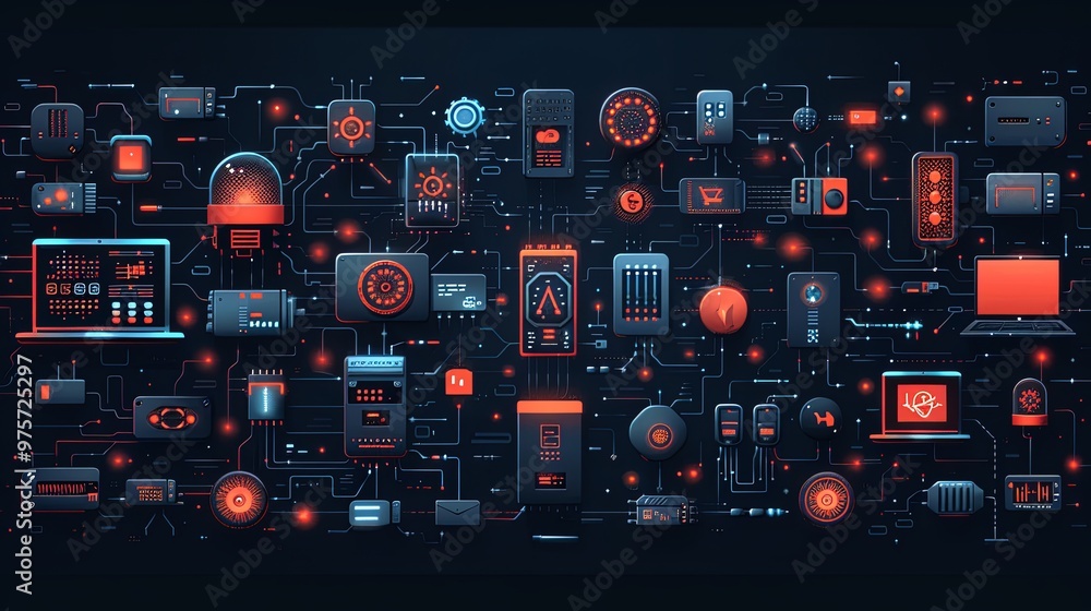 Bunch of digital and tech devices full of cables connected to a ...