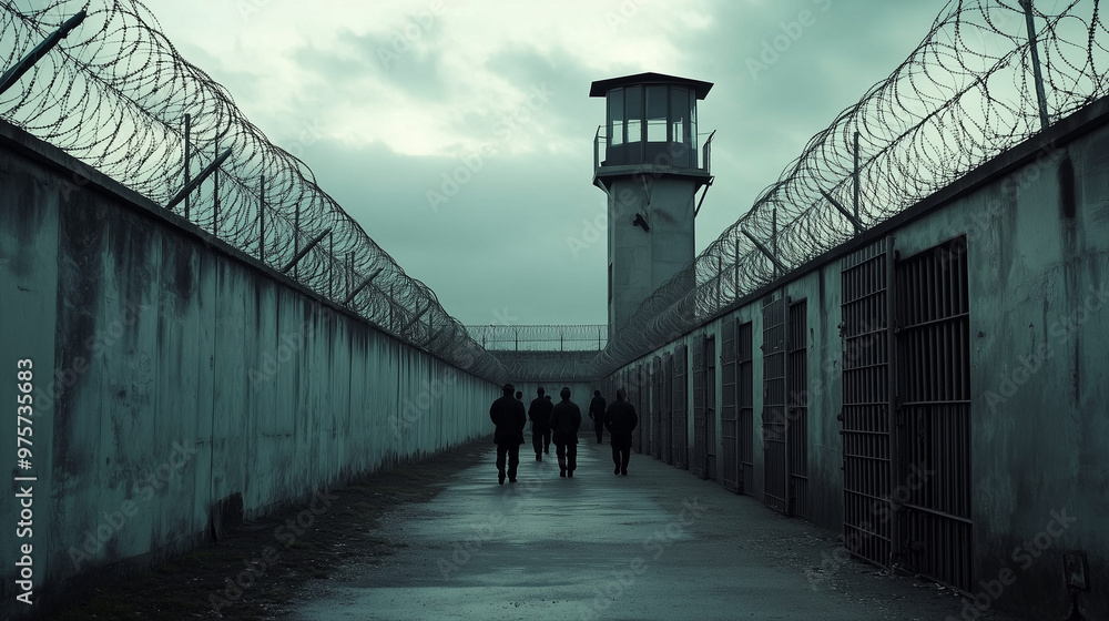 Prison yard with barbed wire fences and guard tower, group of inmates ...