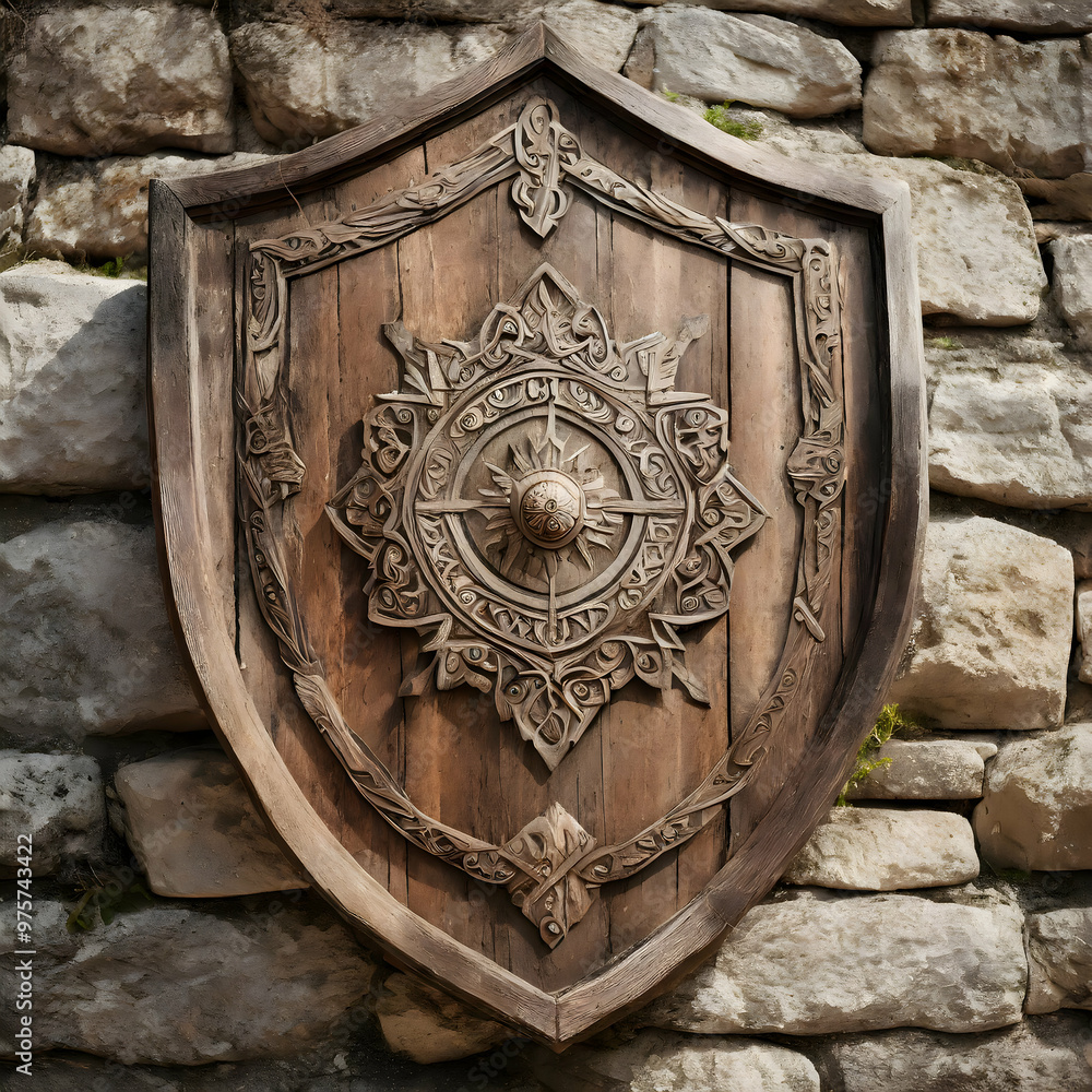 shield.A beautifully crafted wooden shield with intricate carvings ...