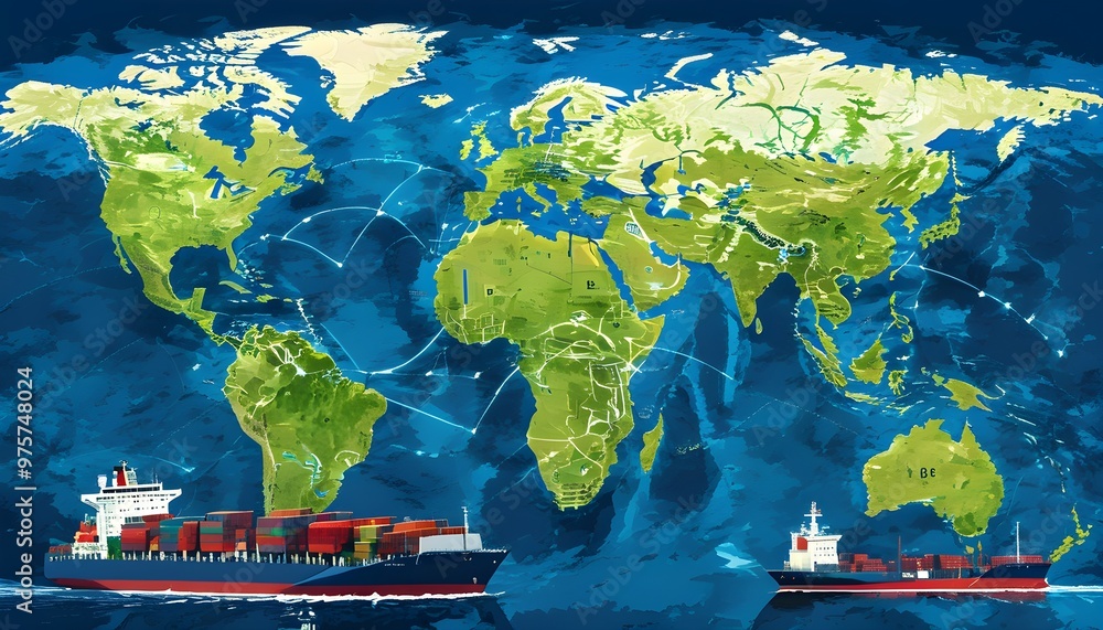 Global Logistics Network Illustrated: Cargo Ships and Routes on a High ...