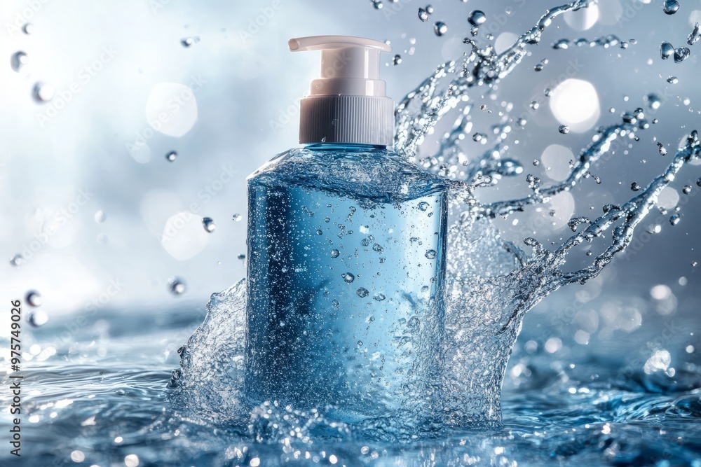Product photography of bottle of shampoo floating in mid-air. water ...