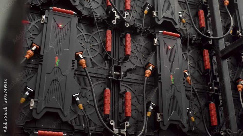 Backside of big LED screen monitor display. Texture of back view of LED panels with power input ...