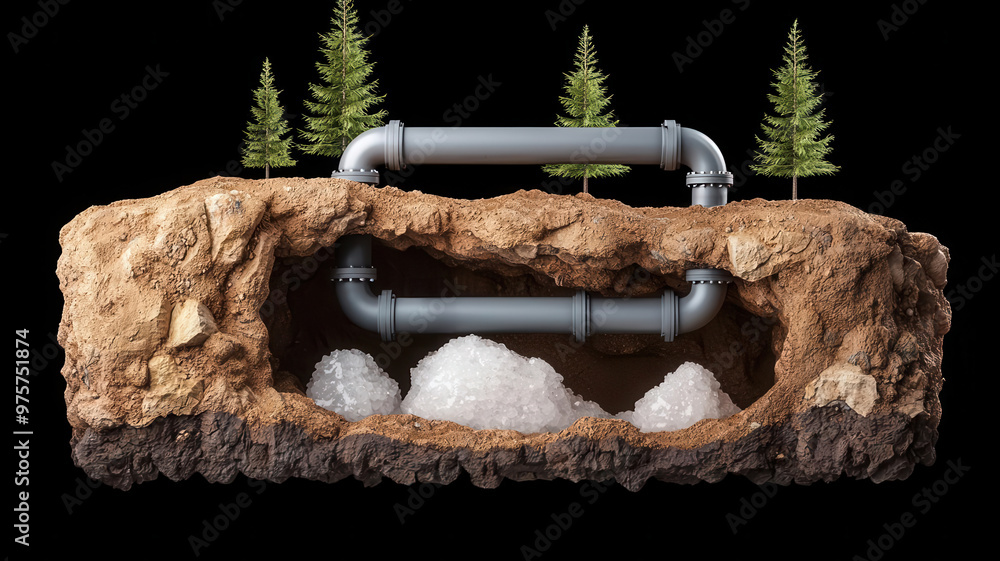 Depiction of solution mining, with pipes and pumps injecting liquid ...