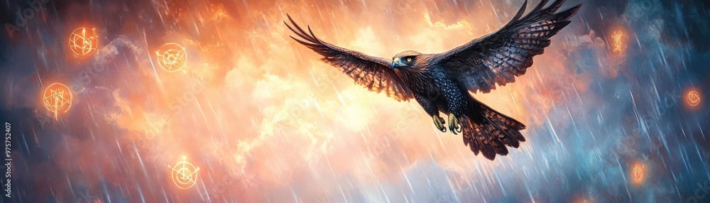 Hawk in a wizard's robe flying through a stormy sky with glowing ...