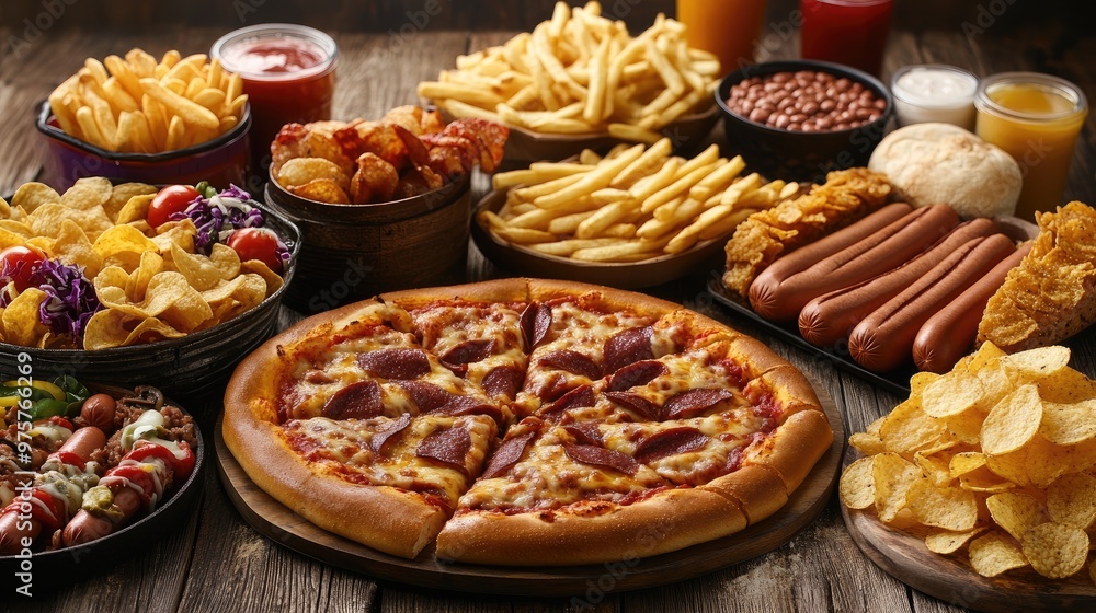 An indulgent spread of processed foods featuring pizza, hot dogs ...