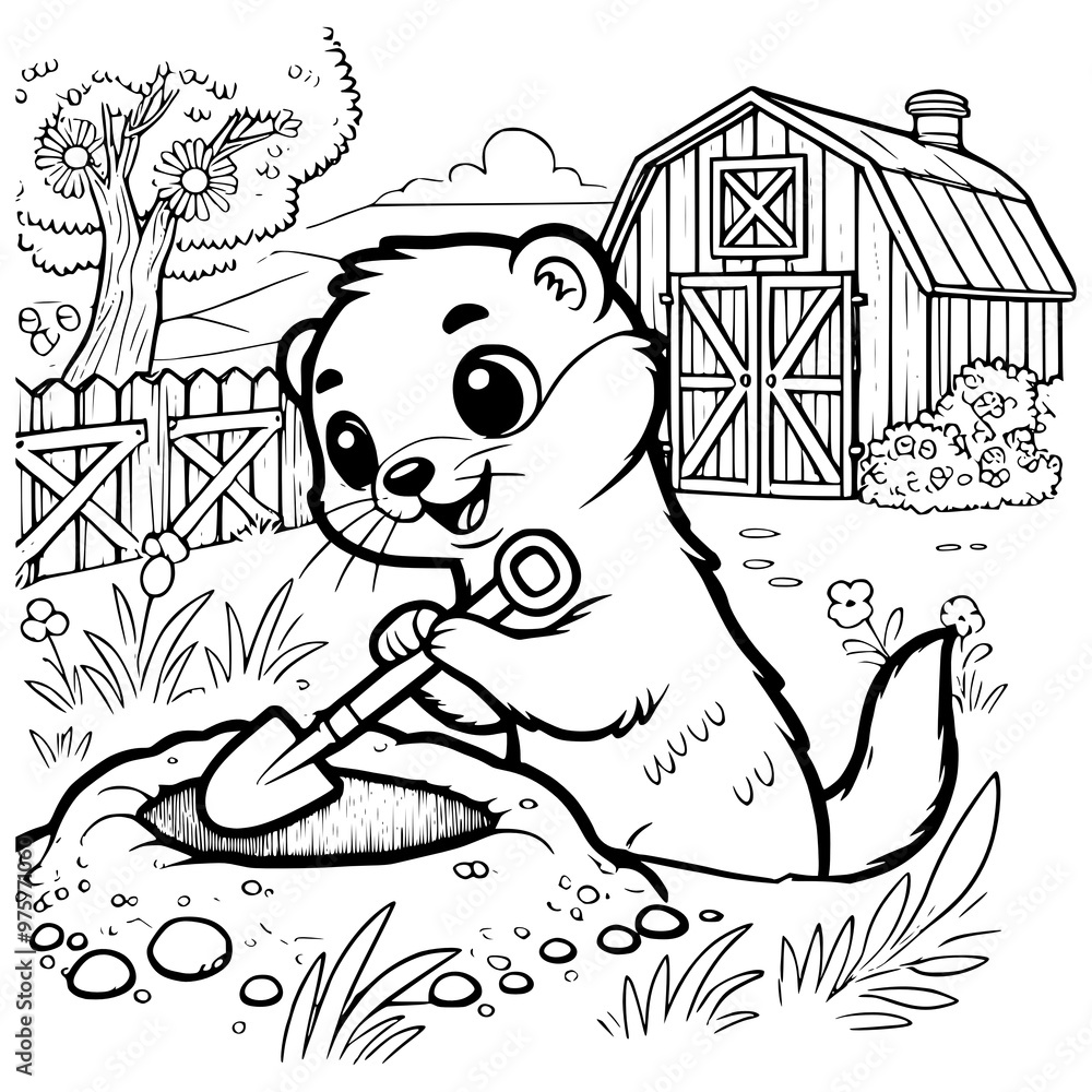 Playful Cartoon Ferret Digging with Shovel in Farmyard with Barn, Fence ...