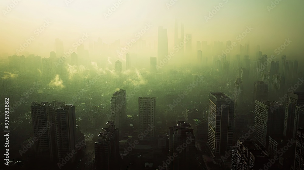 Fine dust and smog hover over a densely packed city, with tall ...
