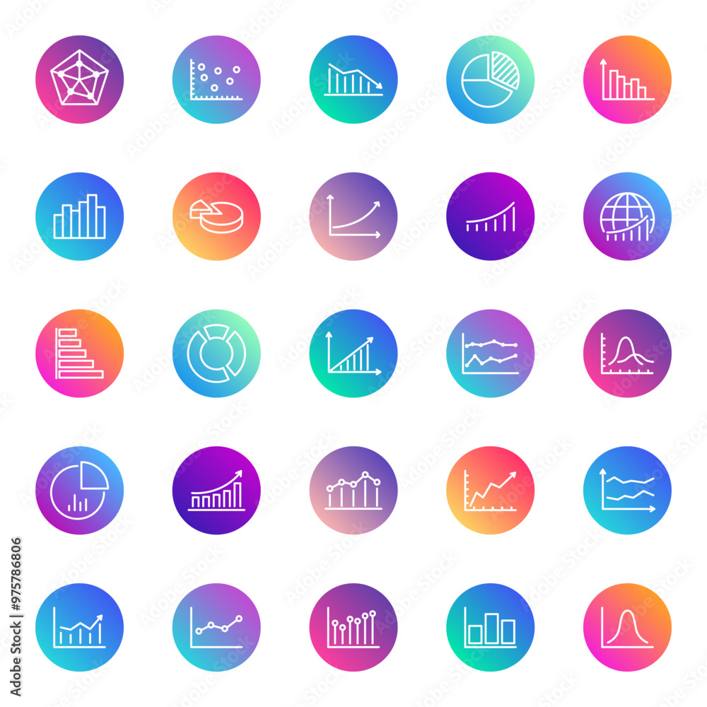 Chart line vector icons on color gradient rounds isolated on white ...